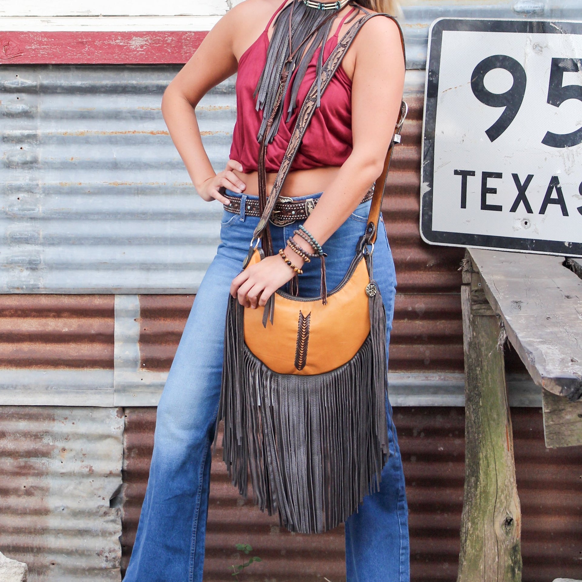 HMH17 - Buckskin V Design Hobo Bag - Double J Saddlery